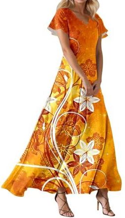 Generic Robe d&eacute;t&eacute; boh&egrave;me 2026 pour femme, robe d&eacute;t&eacute; &eacute;l&eacute;gante avec col en V, fluide, d&eacute;contract&eacute;e, parfaite pour la plage et la vill&eacute;giature, dor&eacute;, 3XL