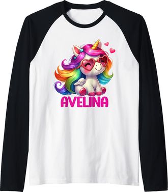 BDAZ Avelina Personalisierter Name Buntes Einhorn Damen M&auml;dchen Raglan