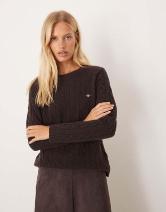 GANT Strickpullover aus reiner Lammwolle in Dunkelbraun mit Zopfstrickmuster-Brown
