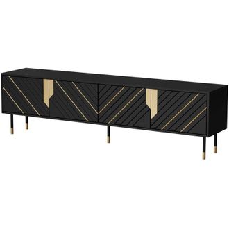 Dmora Meuble TV Seborga, buffet de salon avec quatre portes battantes et quatre compartiments intérieurs, surélevé du sol, 204x40 h55 cm, noir et or