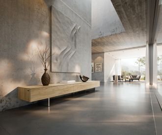 DELIFE Lowboard Cuor 250 cm Keramik Laminam Sabbia Eichefarbig 1 Klappe 1 Schubfach Fu&szlig; Schwebeoptik Edelstahl, Lowboards