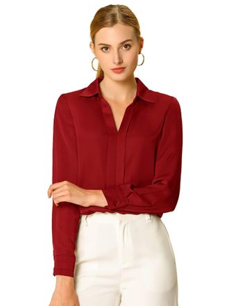 Allegra K Damen Satin Bluse Langarm Hemdkragen V-Ausschnitt Elegant Business Shirt Rote M