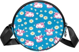 Generic Sac &agrave; bandouli&egrave;re rond pour femme, motif vache et marguerites, avec fermeture &eacute;clair, bretelles r&eacute;glables, style d&eacute;contract&eacute;, pour femmes et filles