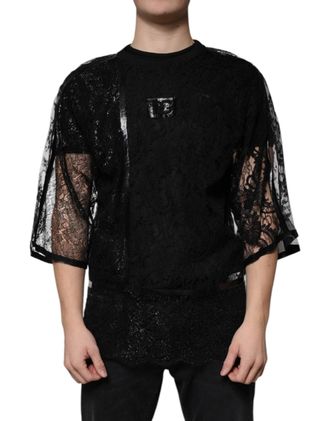 Dolce & Gabbana Mens Black Nylon Floral Lace Crew Neck T-Shirt