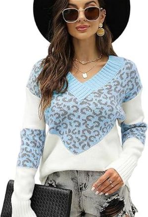 Generic Pull dautomne en tricot Hobo l&eacute;ger pour femme - Imprim&eacute; l&eacute;opard - Col rond - Manches longues - Style r&eacute;tro - Col en V, 005-bleu, XXL