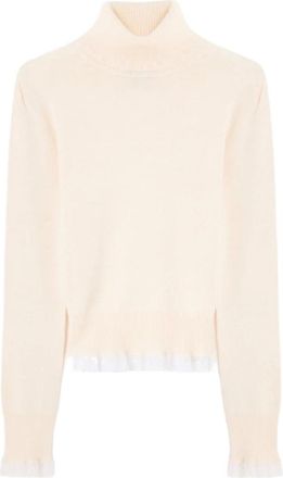 Ganni Col roul&eacute; en m&eacute;rinos avec d&eacute;tails en dentelle - Femme - Pulls - Beige - Taille: 36 FR