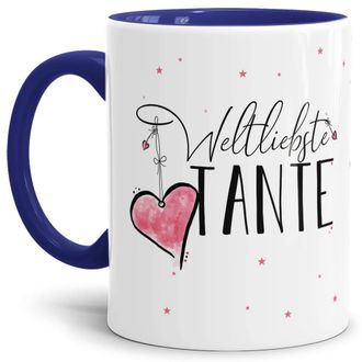 Tassendruck Tasse mit Spruch f&uuml;r die Weltbeste Tante - Kaffeetasse/Familie/Geschenk-Idee/Mug/Cup/Innen & Henkel Dunkelblau