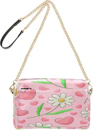 HMZXZ Sac à bandoulière en cuir avec fleurs de camomille et pétales blancs pour femme, petit sac à main à bandoulière, coeurs roses