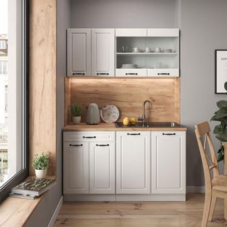 Vicco Singlek&uuml;che R-Line, Wei&szlig; Landhaus/Wei&szlig;, 140 cm ohne Arbeitsplatte