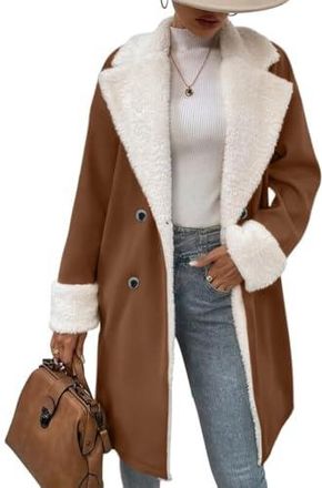 Minetom Femme Manteau Long Hiver Manches Longues Chaud Polaire Peluche Trench Coat &Eacute;l&eacute;gant Revers Veste avec Boutons A Marron XXL