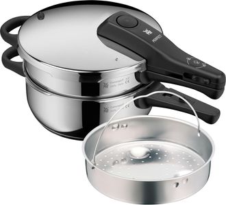 WMF Perfect Schnellkochtopf Set Induktion 3-teilig, Dampfkochtopf 4,5l + 3l mit Einsatz, großes Kochsignal, 2 Kochstufen, abnehmbarer Deckelgriff, stapelb