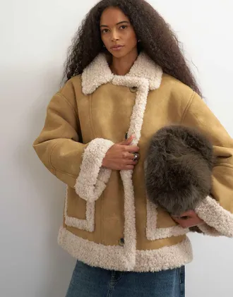 Topshop veste oversize en imitation peau de mouton camel-Neutre