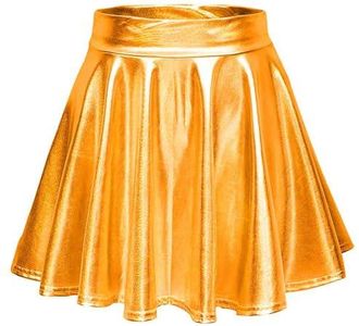 Generic Jupe métallique dorée, mini jupe scintillante, taille haute, extensible, brillante, mini jupe patineuse évasée tendance, polyvalente, basique, décontr