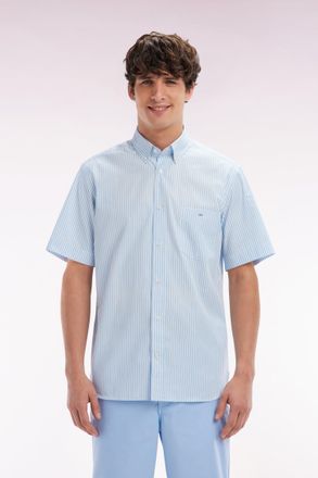 Eden Park Chemise &Agrave; Manches Courtes En Coton Ray&eacute; Ciel Coupe Droite