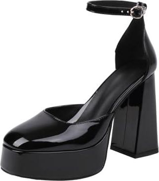Generic Chaussures Femme Escarpins Plateforme Effet Croco Bride Cheville Talons Aiguilles avec Boucle Bout Pointu Fermé Confortables Soirée Robe Bal,Noir,42.5