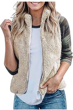 E.SSUE Gilet Polaire Femme Douce Coupe Classique Bodywarmer Gilet avec Poches Zipp&eacute;es Teddy Fluffy Gilet Dames L&eacute;gers Plaine Gilets Fourrure Fuzzy Veste Sans