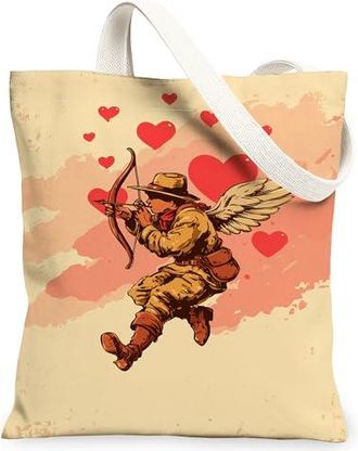 Generic Sac fourre-tout vintage en toile pour la Saint-Valentin, motif coeur et dieu de lamour, sacs &agrave; provisions r&eacute;utilisables, l&eacute;gers et lavables, beige, 13
