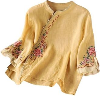 Generic Chemise boh&egrave;me &agrave; manches 3/4 en gaze pour femme, tunique boh&egrave;me paysanne en lin brod&eacute;e florale 2025 chemisier indien &agrave; volants sur le devant pour femm