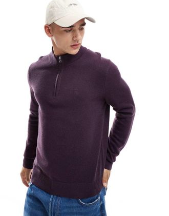 Abercrombie & Fitch Pull en laine mérinos à logo et col zippé - Violet