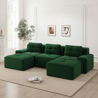 Generic Cloud modulares Sofa aus gr&uuml;nem Cord - U-f&ouml;rmige Konfiguration ohne erkennbare Struktur, mit integriertem Pouf - 3 tiefes Sofa