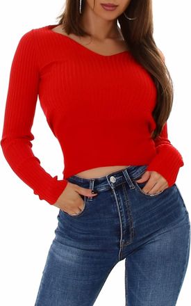 Jela London Damen Feinstrick Pullover V-Ausschnitt Streifen gerippt, Rot 34-36