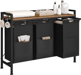 Woltu W&auml;schekorb 3 F&auml;cher, jedes 40 L, W&auml;schesammler mit Ablage Metallrahmen, Oxford-Stoff-W&auml;schesack ausziehbar abnehmbar, W&auml;schesortierer W&auml;schebeh&auml;lter s