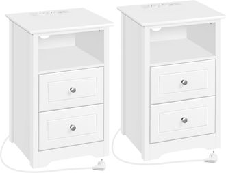 Yaheetech Nachttische 2er Set Beistelltisch mit Ladestation und 2 Schubladen Moderner Nachtschrank Holz Couchtisch Sofatisch für Schlafzimmer, Wohnzimmer, Weiß