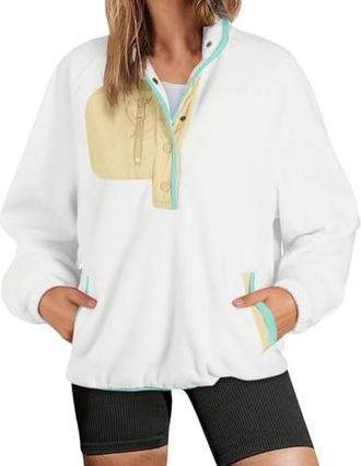 Generic Vestes pour femmes 2026 pour femmes, veste polaire pelucheuse surdimensionn&eacute;e, bloc de couleur, boutons, pull &agrave; manches longues, sweatshirts hauts, Wh