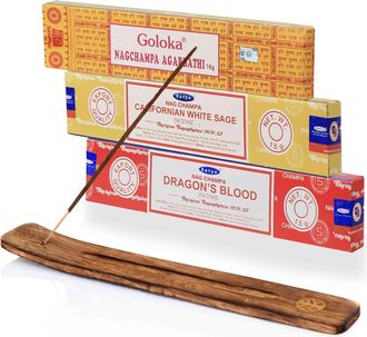 NKlaus Räucherstäbchen Set - Satya White Sage, Dragons Blood & Goloka Nag Champa + Holzhalter | 3er indisches Räucherwerk Mix für Meditation & Duft