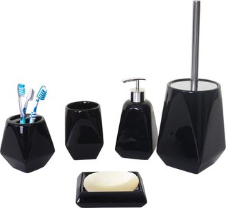 Mendler 5-teiliges Badset HWC-C71AM, WC-Garnitur Badezimmerset Badaccessoires, Keramik - schwarz