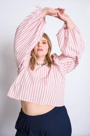 JAN 'N JUNE Damen vegan Bluse Mit Puff&auml;rmeln Und Noppen Hellrosa Gestreift