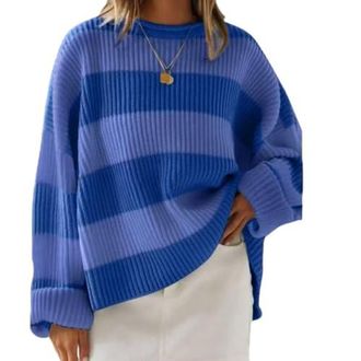 Generic Pull &agrave; col rond c&ocirc;tel&eacute; et aux couleurs contrast&eacute;es pour femme, pull &agrave; manches longues et &eacute;paules tombantes, confortable &agrave; rayures r&eacute;tro, Bleu clair et