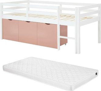 Vente-Unique Halbhohes Bett 90 x 190 cm - Mit Stauraum + Matratze - Kiefer & MDF - Wei&szlig;/Rosa - LANIORI