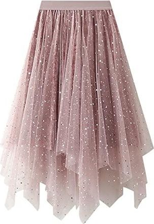 Generic Jupe mi-longue taille &eacute;lastique pour femme - Taille haute - En maille - Couleur unie - Jupe en fil irr&eacute;gulier, rose, Taille unique