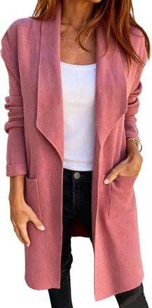 Generic Formal Coat for Evening Dresses Long Knit Pea Coats Open Front Lapel Jackets Casual Cardigan Overcoats with Pockets Pink Large