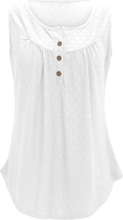 Generic Haut dété pour femme, sans manches, couleur unie, t-shirt ample boutonné long pour entraînement, blanc, XXL