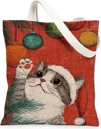 Generic Sac fourre-tout en toile motif chat de No&euml;l, sacs d&eacute;picerie r&eacute;utilisables, sacs d&eacute;picerie vintage, l&eacute;gers et lavables, Rouge, 13x15 Inch