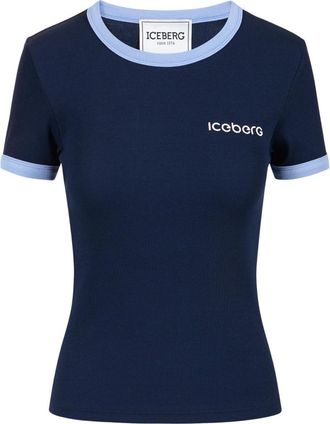 Iceberg Femme, Tops, Bleu, Taille: 40 FR T-shirt bleu slim fit en jersey c&ocirc;tel&eacute; avec imprim&eacute; Iceberg