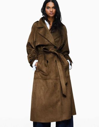 Bershka Trenchcoat aus Wildlederimitat in Beige-Brown