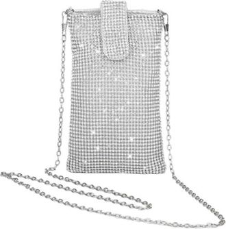BESTONZON Petit Paquet à Bandoulière Portefeuille Femme en Simili Cuir Argenté Orné de Cristaux Pochette Compacte pour Téléphone et Monnaie Paquet Soirée Élégan