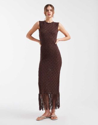 New Look Robe longue avec ourlet &agrave; franges - Marron-Brown