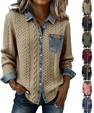 Generic Chemise r&eacute;tro en jean tricot&eacute; pour femme - Automne et hiver - Col boutonn&eacute; - Manches longues - Patchwork - Cardigan, camel, 3XL-6XL