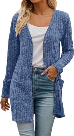 Generico Cardigan élégant côtelé à manches longues avec boutons et poches Cardigan en tricot Manteau long dhiver en tricot pour femme, bleu, XXL