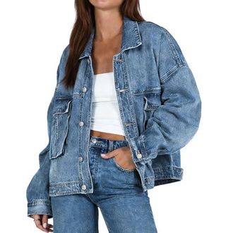 Generic Manteau en jean surdimensionn&eacute; pour femme, manches longues, col rabattable, fermeture &agrave; boutons, v&ecirc;tement dext&eacute;rieur d&eacute;contract&eacute;, bleu marine, XL