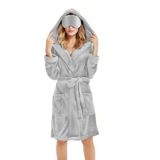 Generic Robe de Chambre pour Femmes avec Masque pour les Yeux en Flanelle et Polaire, Capuche, Femmes, Peignoir de Bain, 2 Poches, Longueur Genou, Capuche Moe