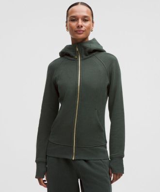 lululemon Scuba-Hoodie mit durchgehendem Rei&szlig;verschluss f&uuml;r Frauen - Gr&ouml;&szlig;e 12 in Rainforest Green/Gold