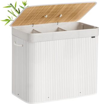 Songmics Wäschekorb mit Deckel, 3 Fächer, 170 Liter, Wäschesammler aus Bambus, faltbar, Wäschesack herausnehmbar und maschinenwaschbar, mit Griffen, für Waschk