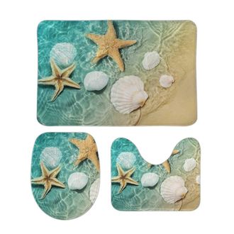 My Daily 3-teiliges Badezimmerteppich-Set Muscheln Seestern Farbverlauf Maritim Strand WC Konturmatte Deckelbezug rutschfeste Badematte