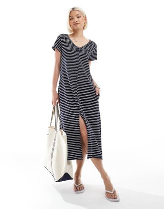 Superdry Robe mi-longue boutonn&eacute;e et ray&eacute;e &agrave; manches courtes en jersey - Bleu marine et blanc optique