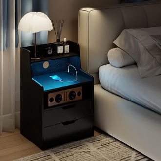 Giantex Nachttisch mit Beleuchtung und Ladefunktion, Nachtschrank mit 2 Schubladen & offenen F&auml;chern, Nachtk&auml;stchen Boxspringbett, Nachtkommode Holz, Beistell